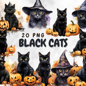 Watercolor Black Cat Clipart, Cute Halloween Printable PNG Images for ...