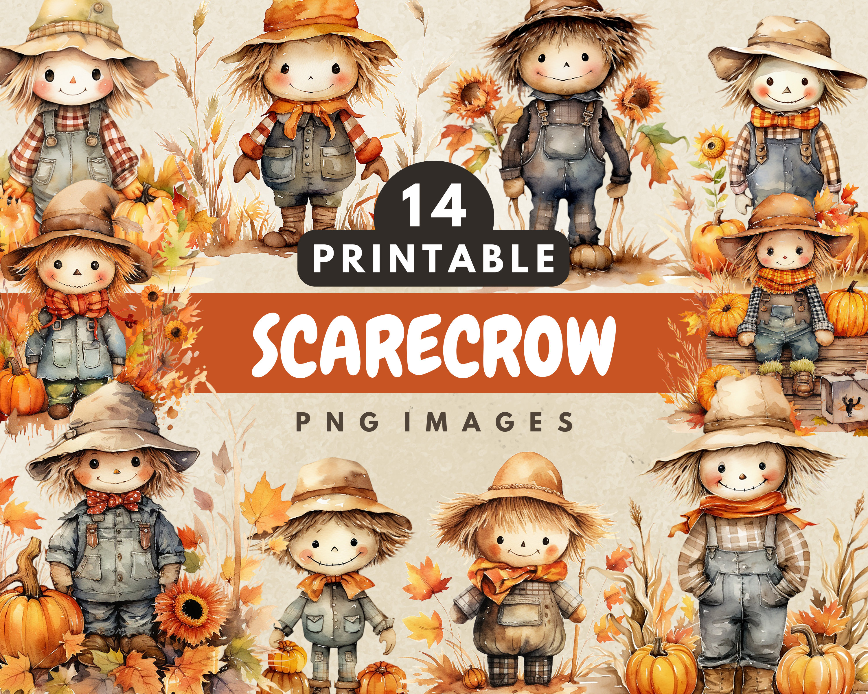 Watercolor Fall Scarecrow Clipart Bundle Cute Digital - Etsy