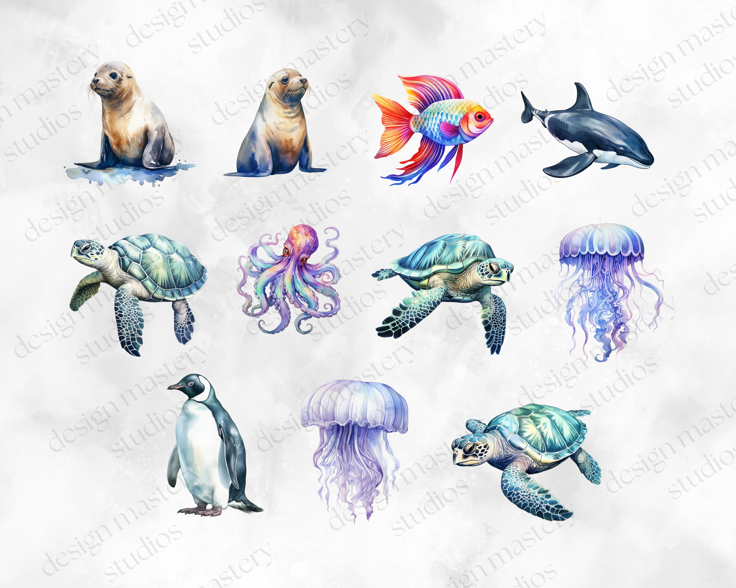 Watercolor Sea Animals Clipart Images for Commercial Use Ocean Animals ...