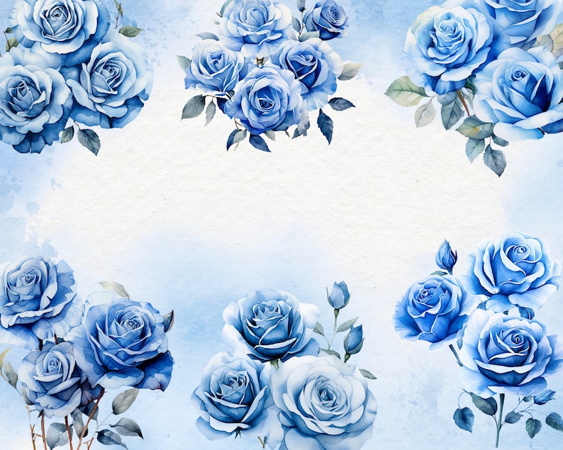 Blue Watercolor Rose Clipart Printable Transparent Digital - Etsy