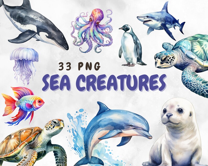 Watercolor Sea Animals Clipart Images for Commercial Use Ocean Animals ...