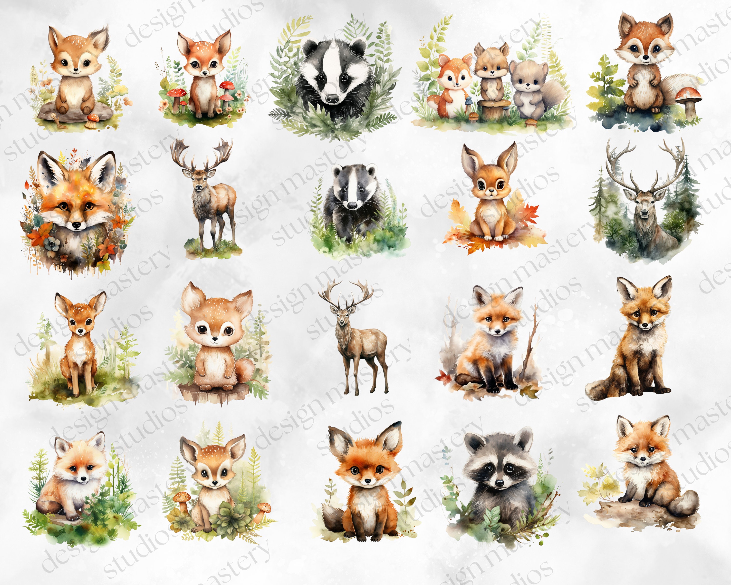 Watercolor Woodland Animals Clipart Bundle Cute Digital Baby Animal ...