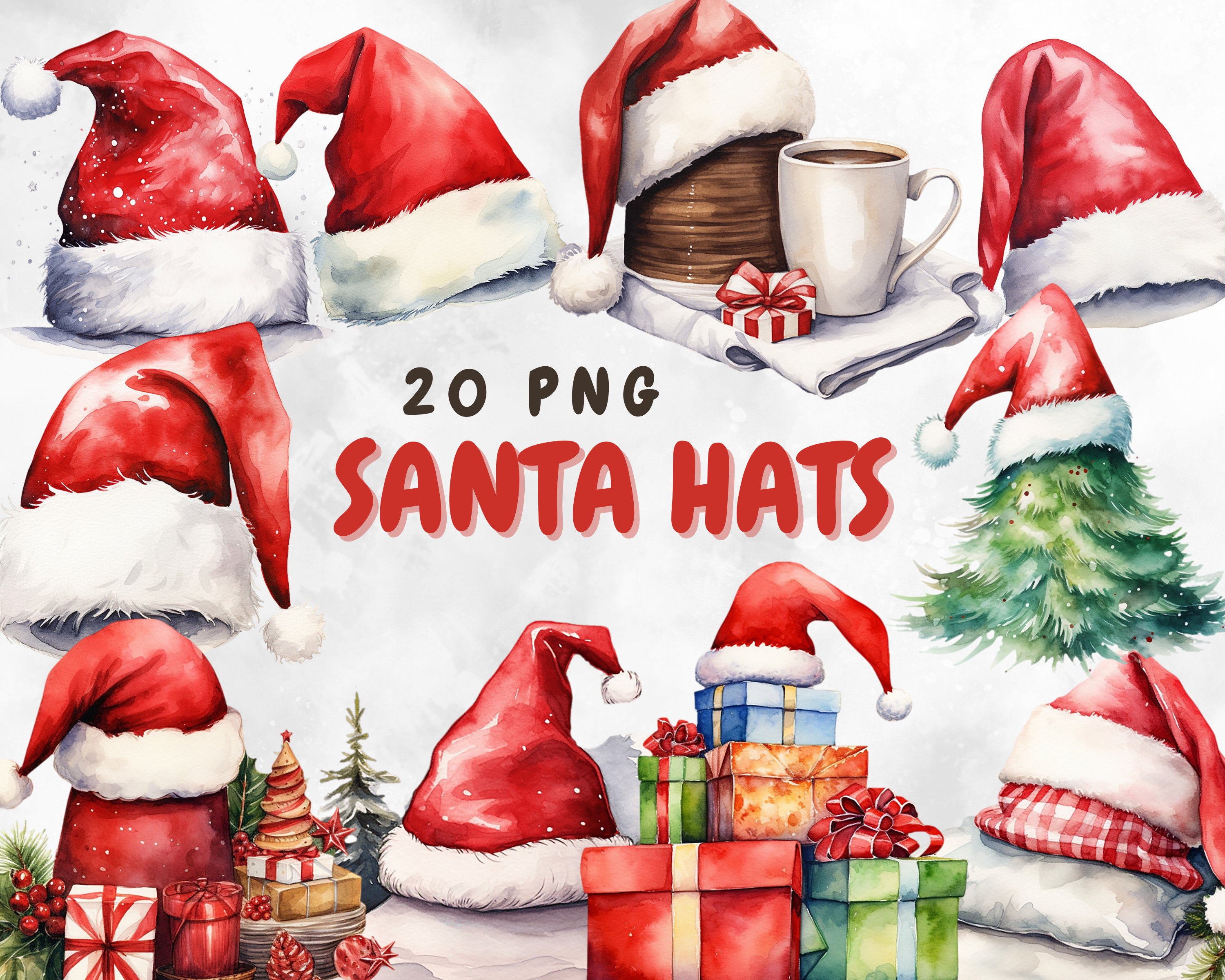 Watercolor Santa Hat Clipart Bundle Santa Clause Hat Printable PNG ...