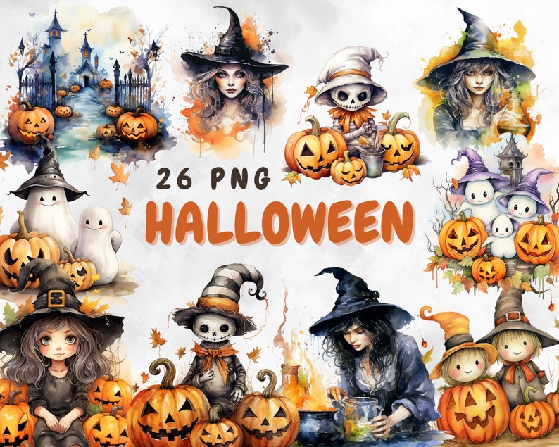 Watercolor Happy Halloween Clipart, Jack-o-lantern, Witch, Ghost, Cute ...