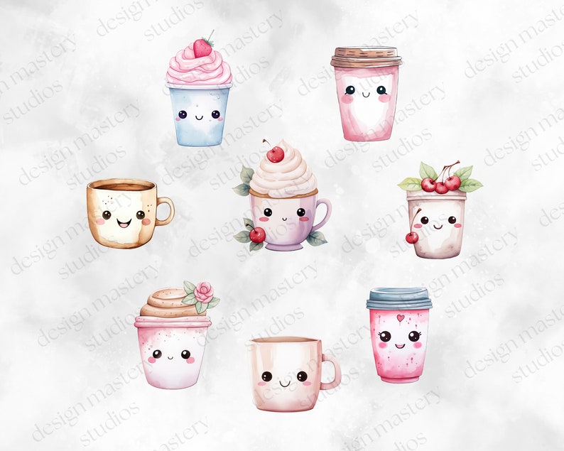 Watercolor Cute Coffee Cup Clipart, Coffee Love, Kawaii Coffee Cups ...