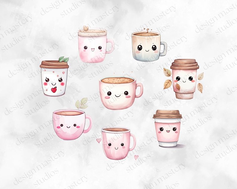 Watercolor Cute Coffee Cup Clipart, Coffee Love, Kawaii Coffee Cups ...