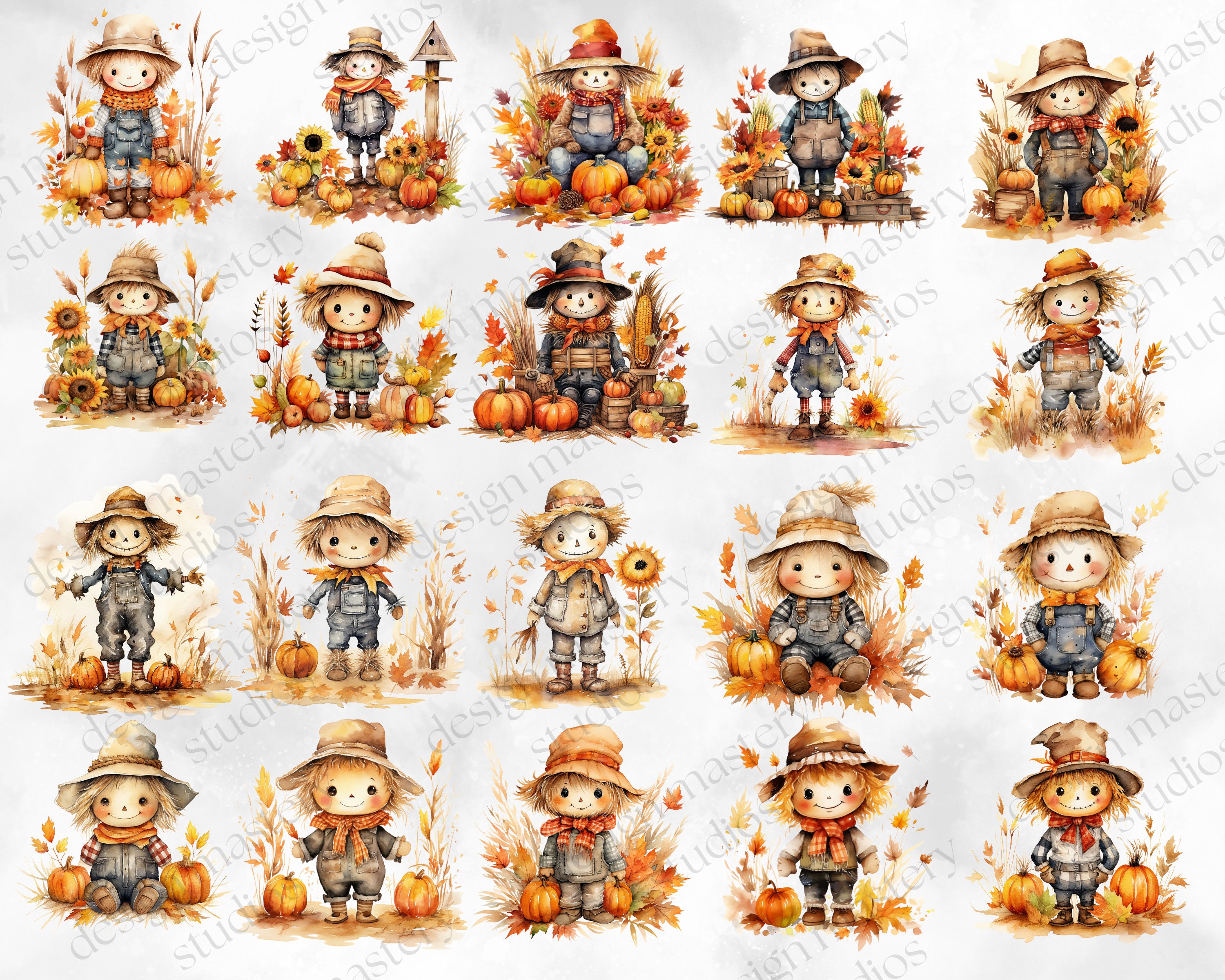 Watercolor Fall Scarecrow Clipart Bundle Cute Digital Halloween ...