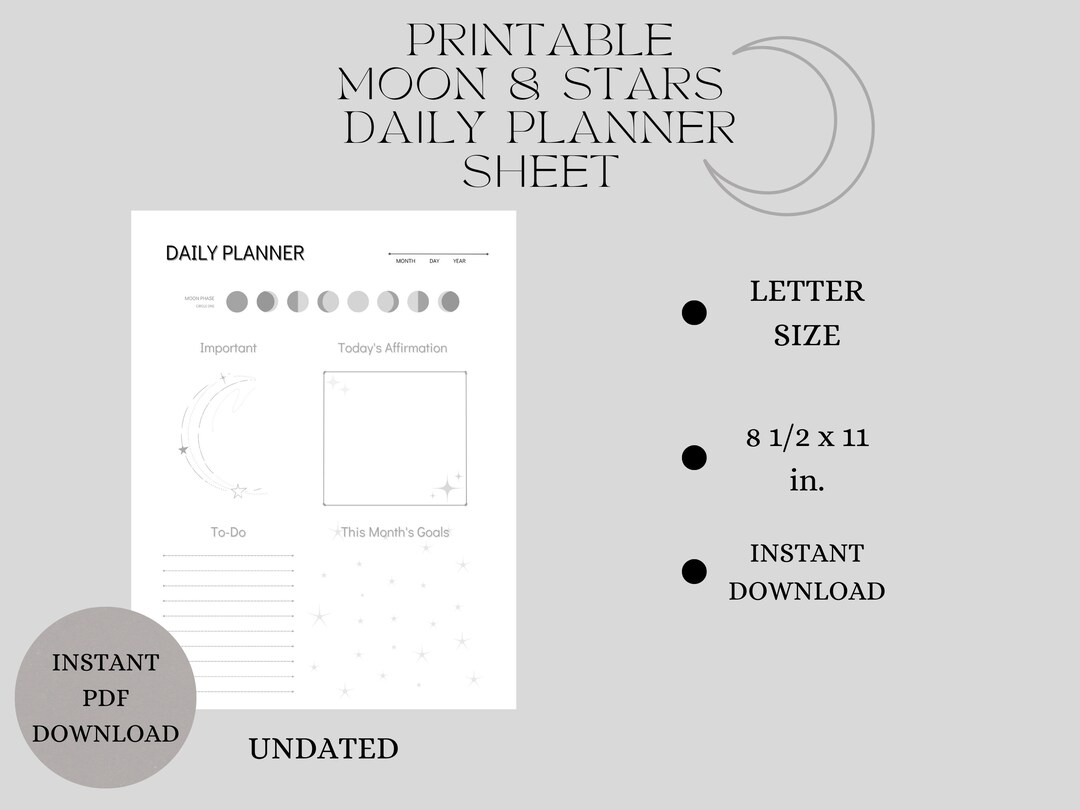 Printable Moon & Stars Undated Daily Planner Sheet, Lunar Phase Tracker ...