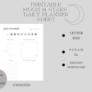 Printable Moon & Stars Undated Daily Planner Sheet, Lunar Phase Tracker ...
