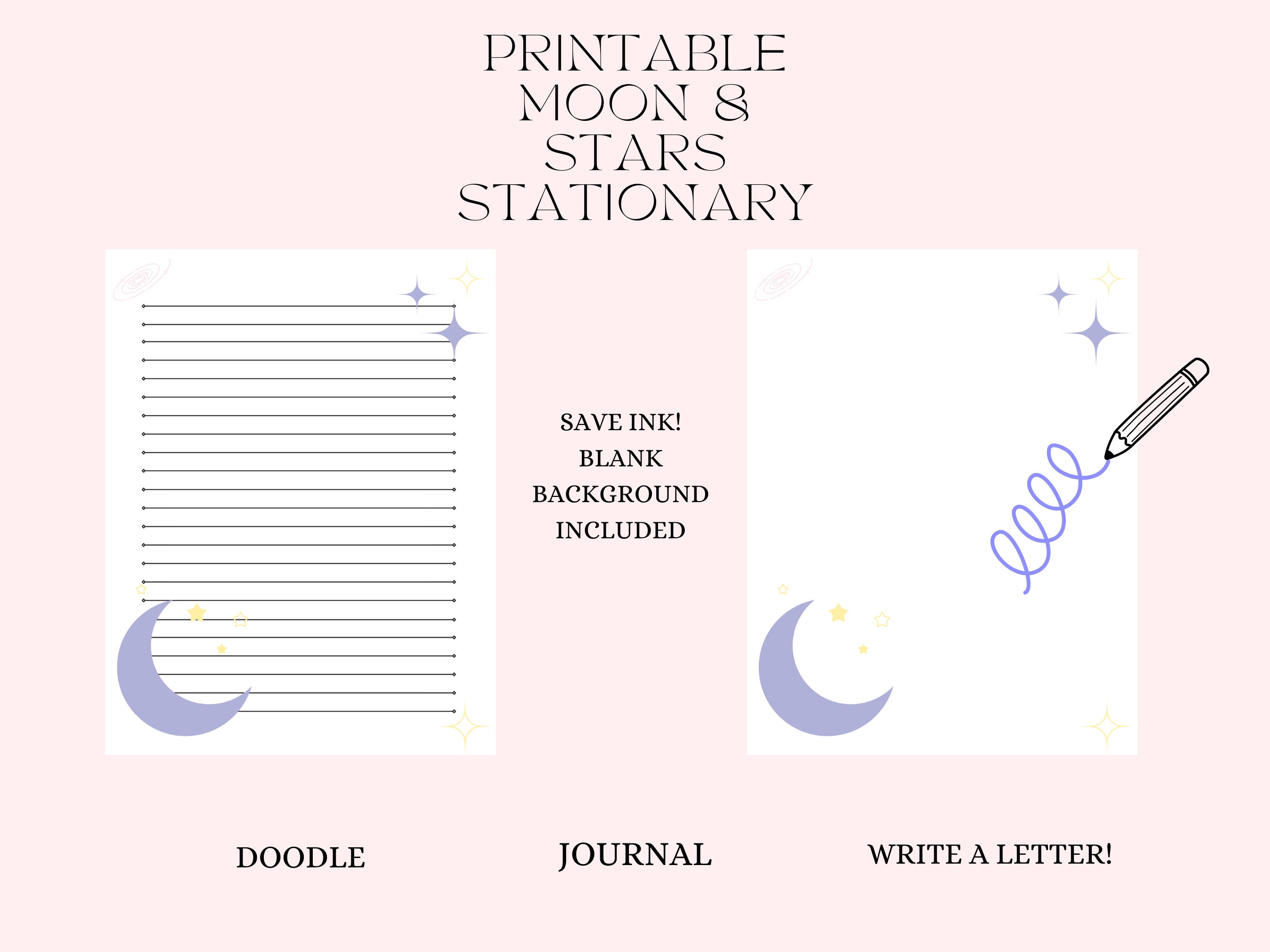 Pastel Moon & Stars Printable Stationary Set, Cute Pink/purple ...