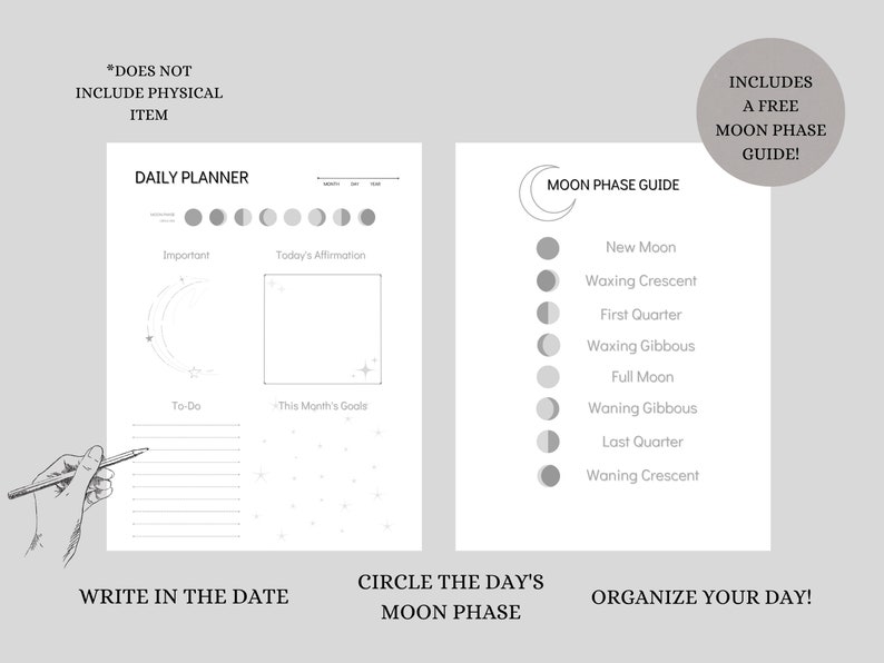 Printable Moon & Stars Undated Daily Planner Sheet, Lunar Phase Tracker ...