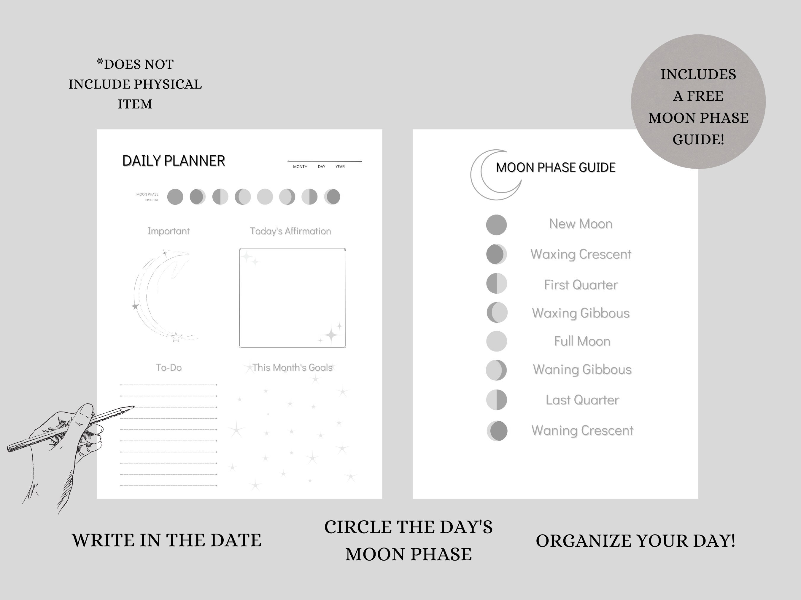 Printable Moon & Stars Undated Daily Planner Sheet, Lunar Phase Tracker ...