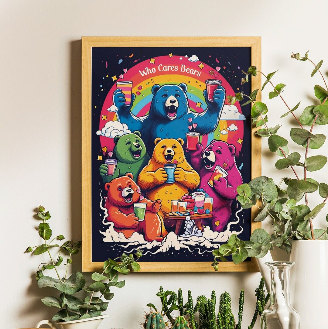 Who Cares Bears Poster, Cute Cartoon Parody Party Art Print, Colorful ...