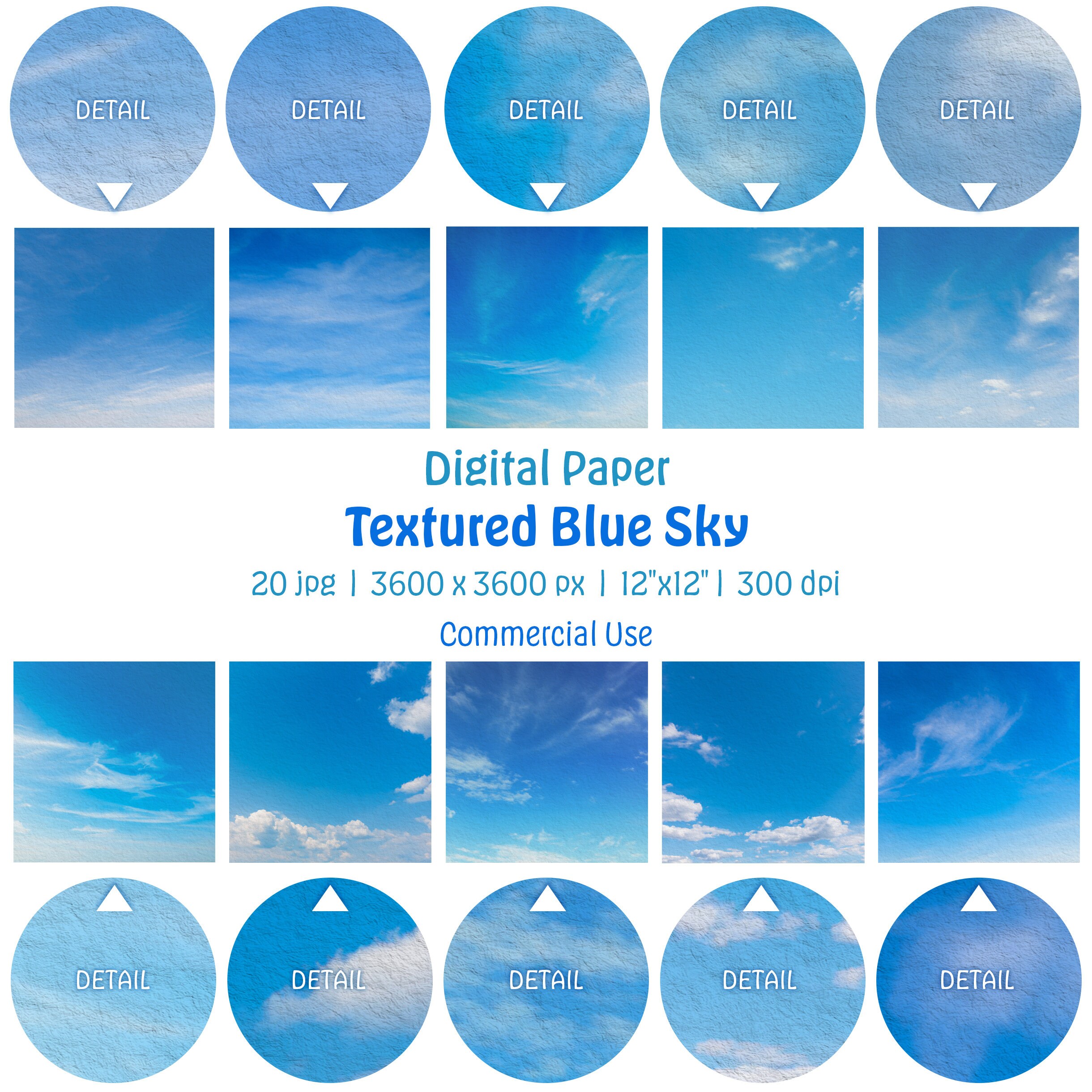 Textured Blue Sky Digital Paper, Cloudy Sky Background, Realistic ...