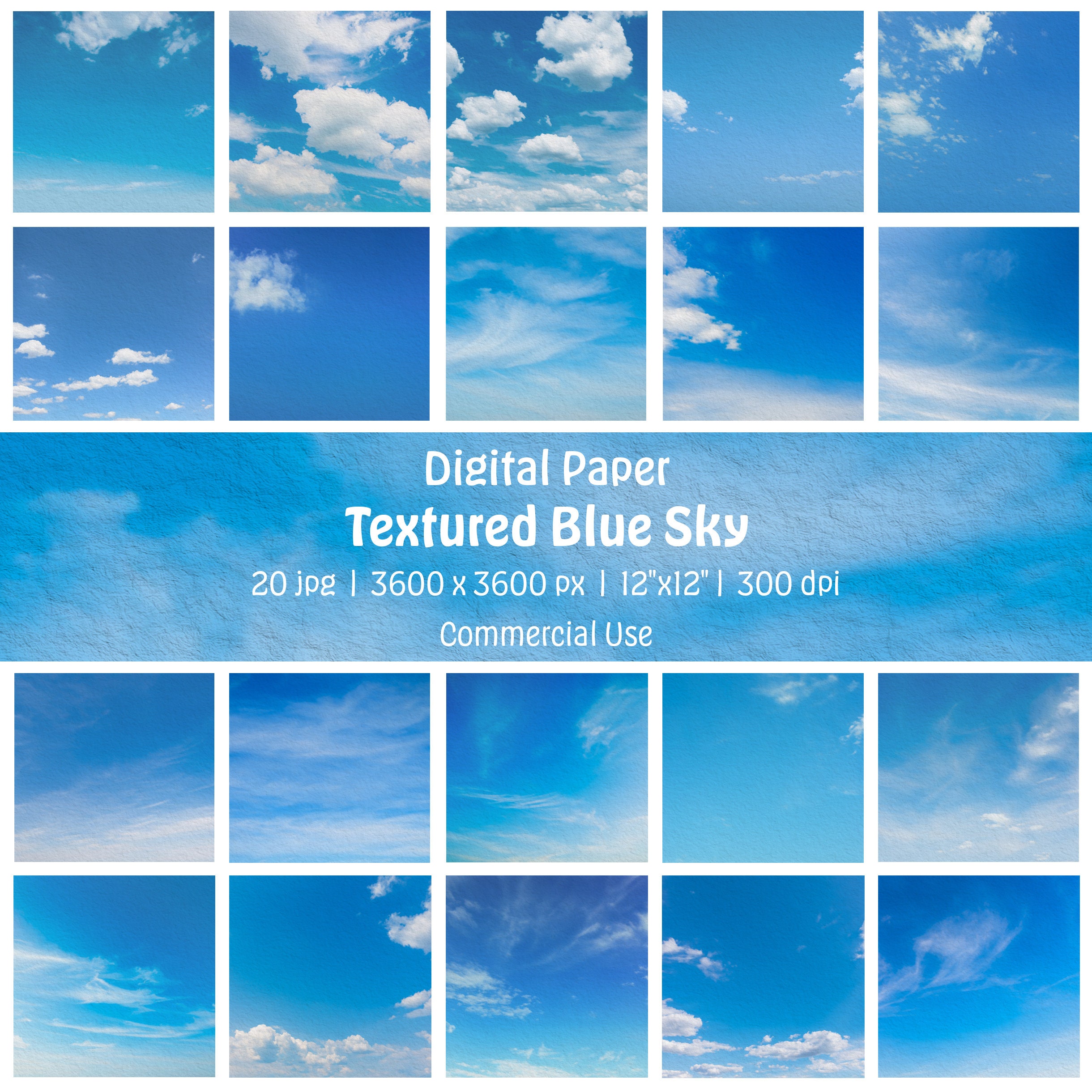Textured Blue Sky Digital Paper, Cloudy Sky Background, Realistic ...