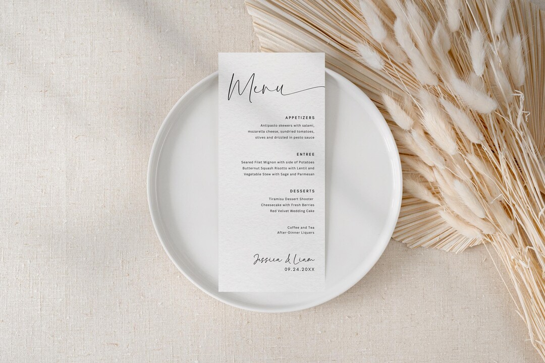 Minimalist Wedding Menu Template, Modern Script Wedding Dinner Menu ...
