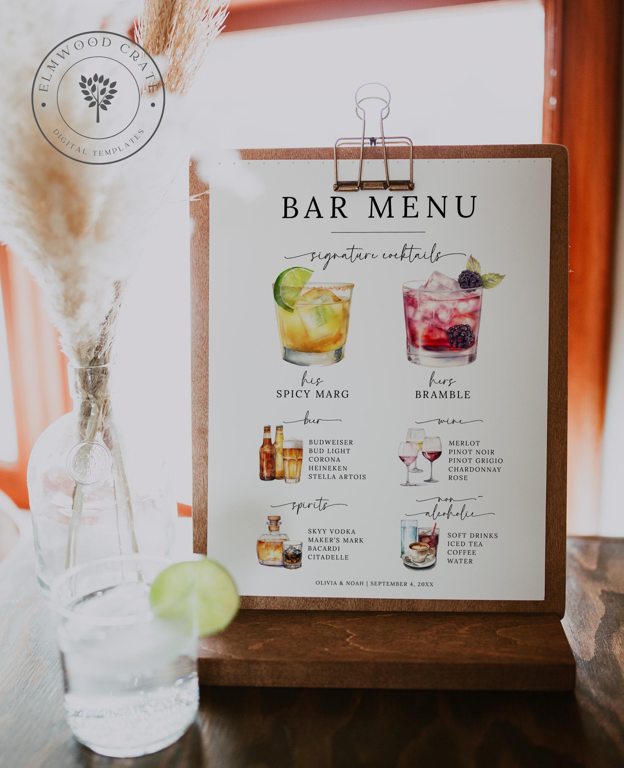 Wedding Bar Menu Template, Signature Cocktails Sign (editable Canva) - Etsy