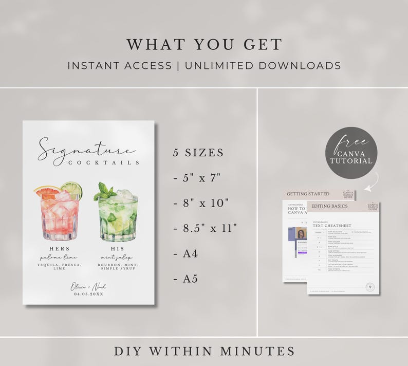 Bar Sign Template, Signature Cocktails Sign, Wedding Drink Menu ...