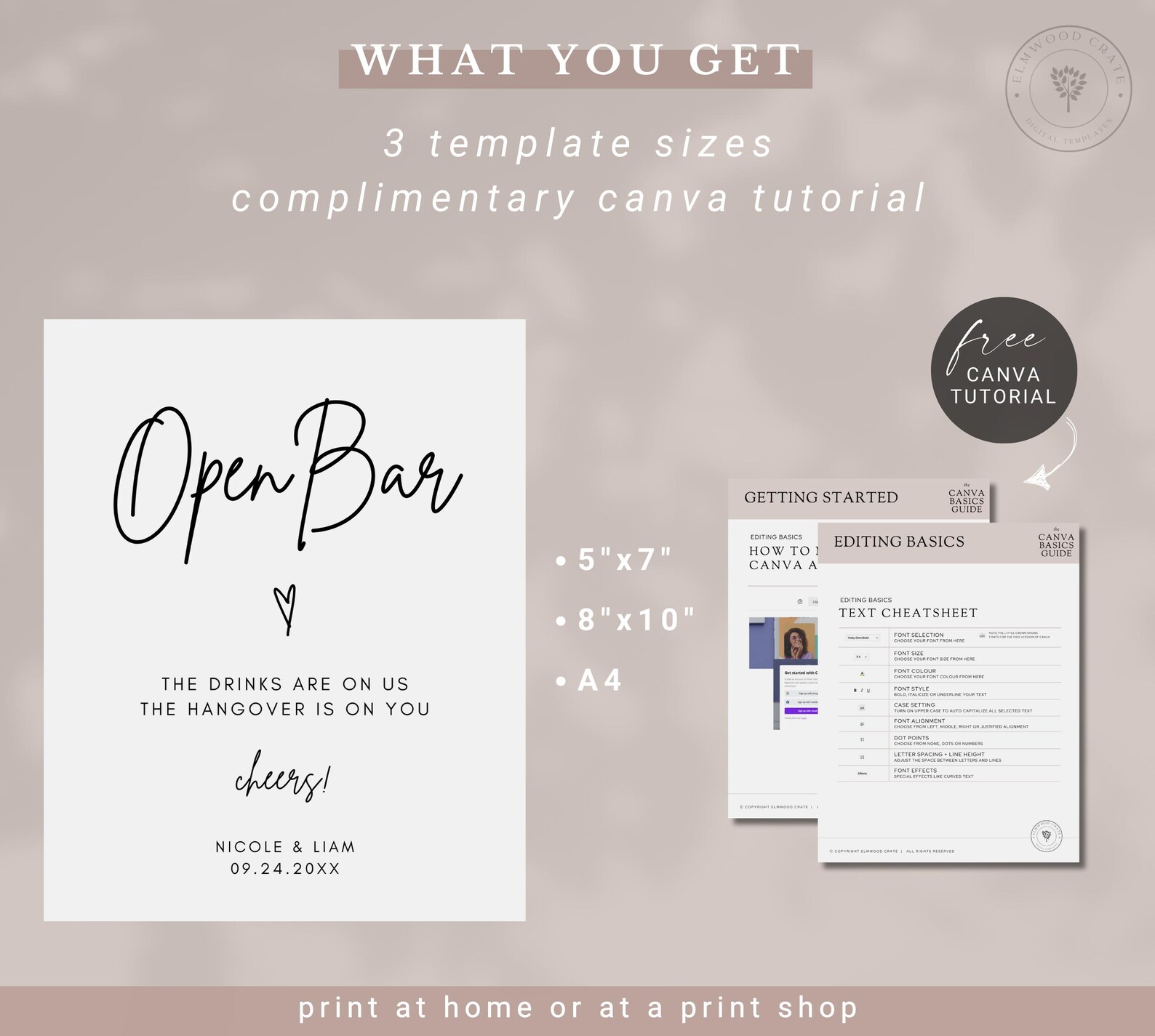Minimalist Open Bar Wedding Sign, Editable Canva Template (digital ...