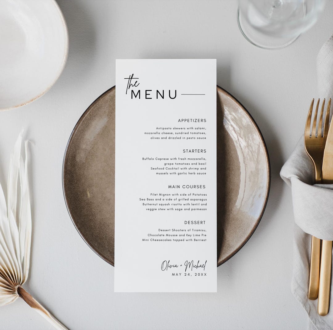 Minimalist Wedding Menu Template, Modern Script Wedding Dinner Menu ...