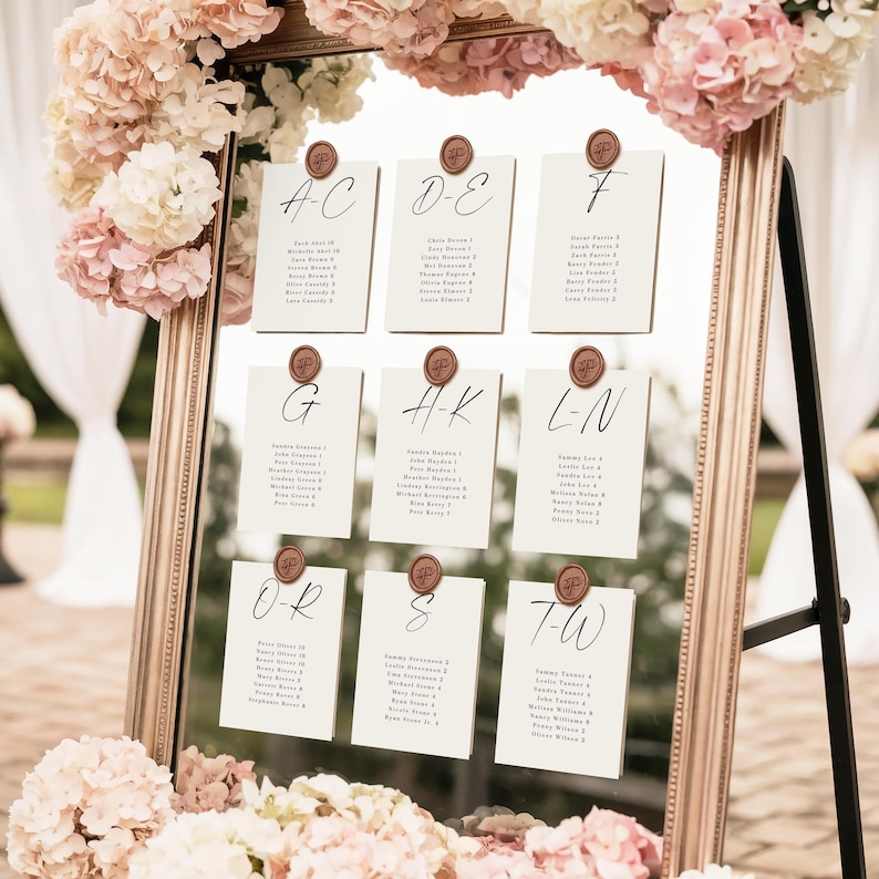 Alphabetical Wedding Seating Chart Template, Modern Seating Chart Cards ...