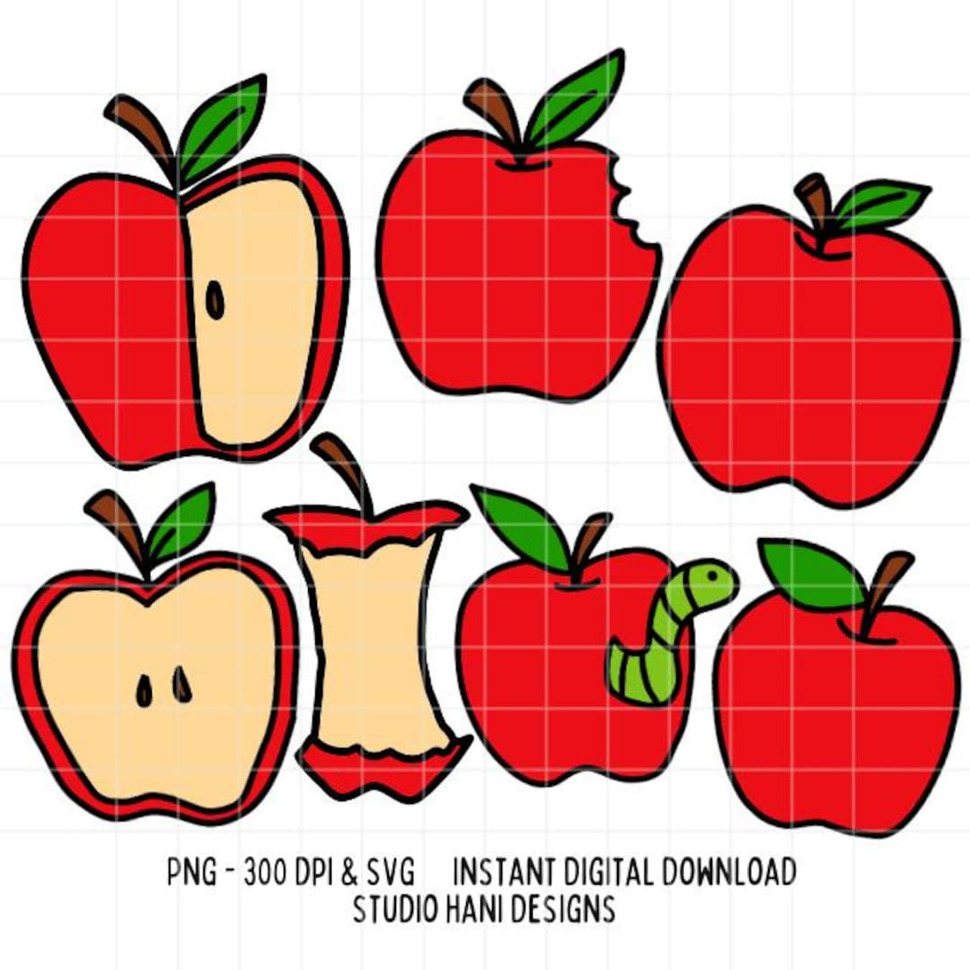 Apple Doodles SVG PNG Bundle Red Fruit Apples With Worm Bite Clipart ...