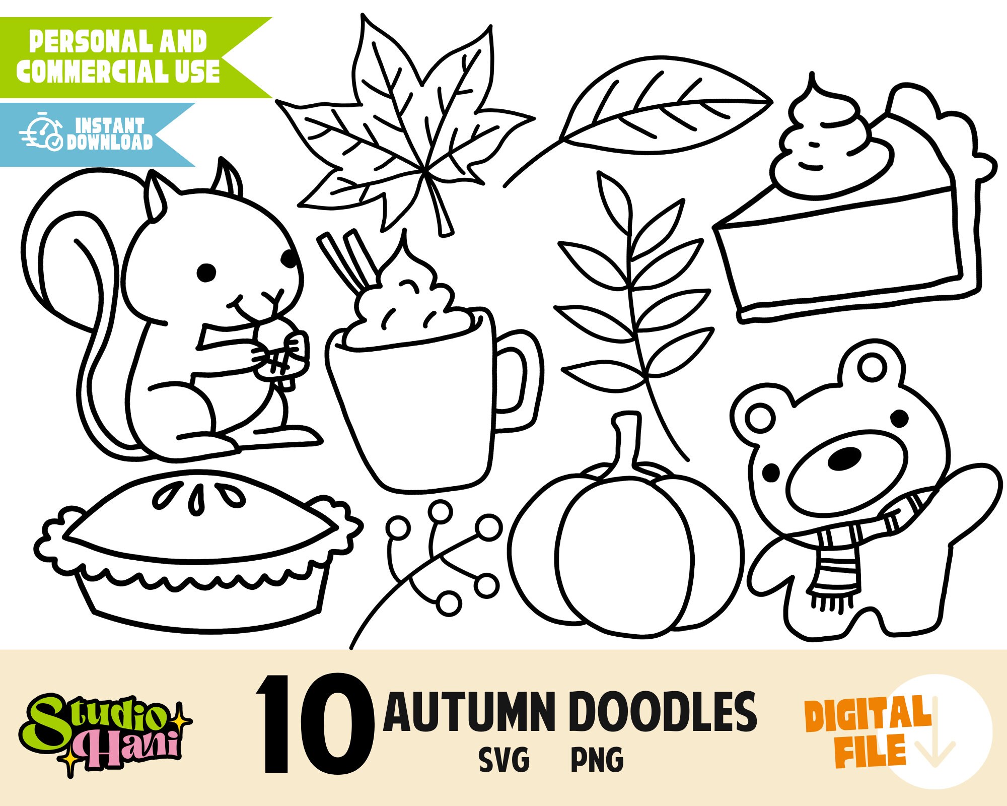 Autumn Doodles SVG PNG Cute Squirrel Bear Pie Slice Leaves Outline ...