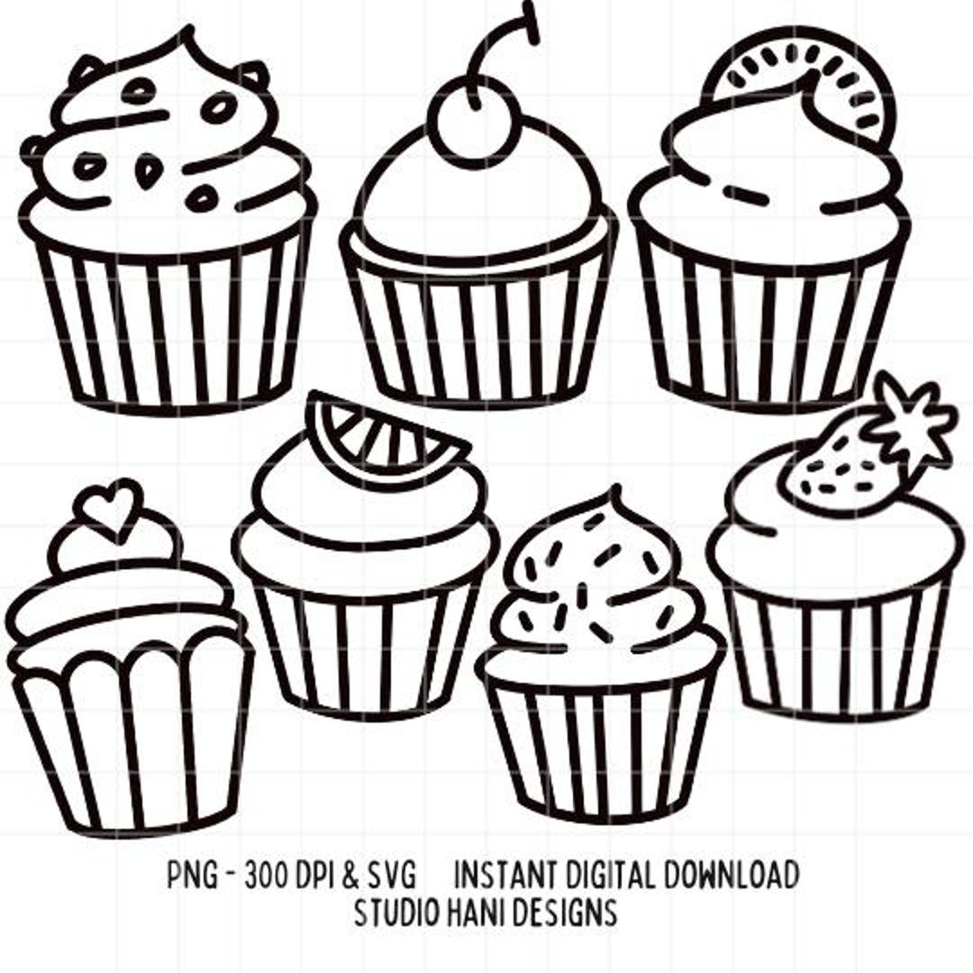 Cupcake SVG PNG Bundle Outline Black and White Party Birthday Sweet ...