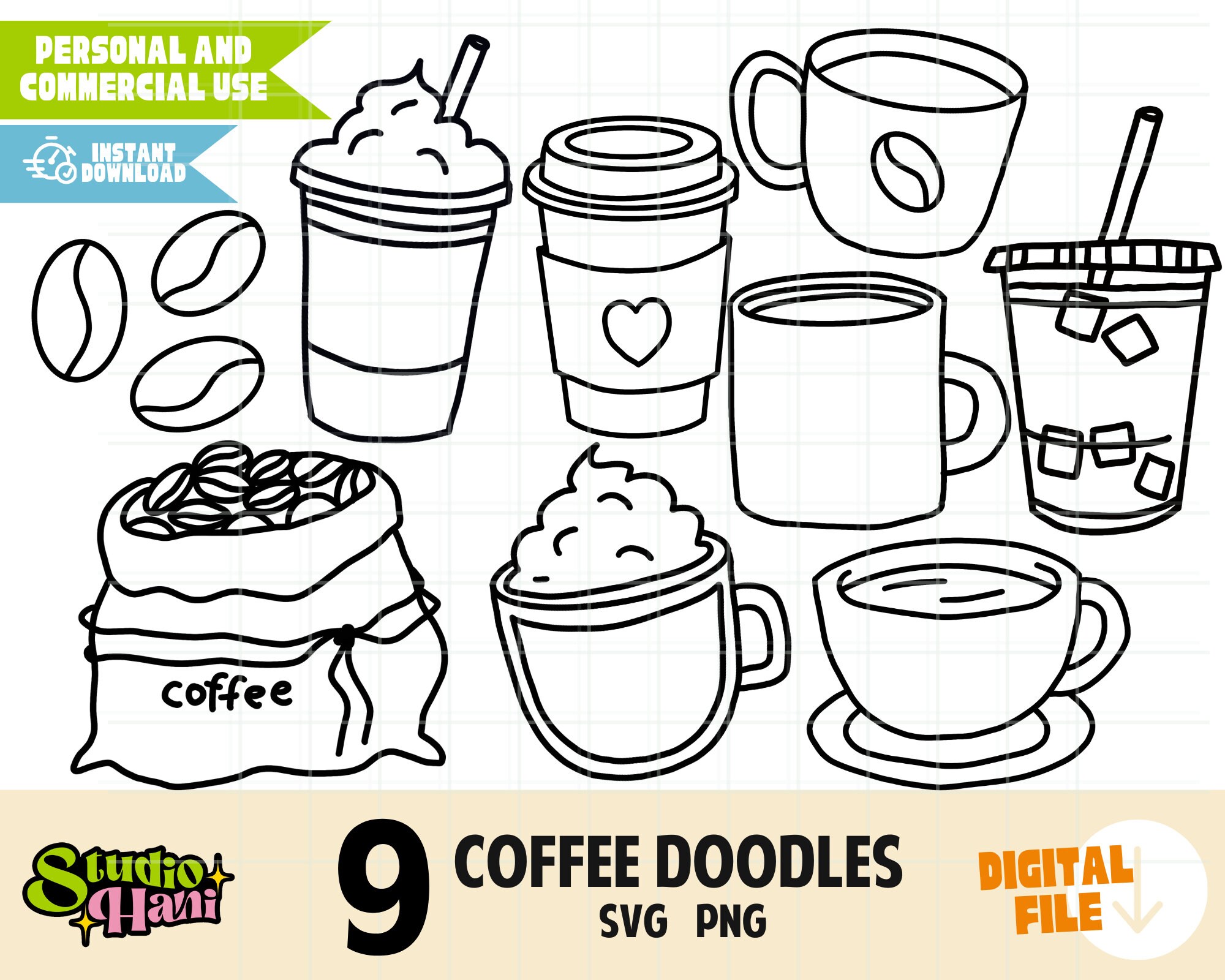 Coffee SVG PNG Doodles Frappe Espresso Iced Coffee Trendy Beans Black ...