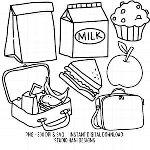 School Lunch SVG PNG Doodle Snacks Milk Muffin Sandwich Bag Apple ...