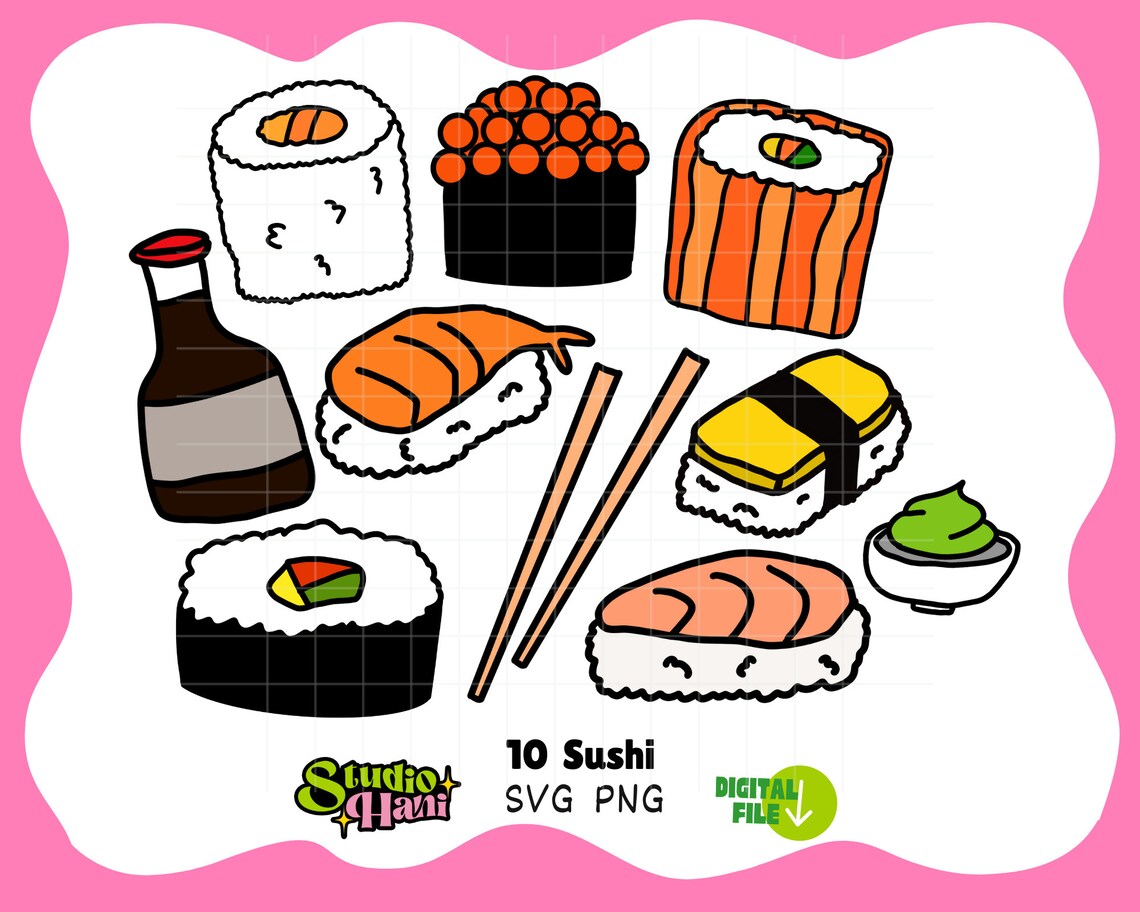 Sushi SVG PNG Bundle Clipart Illustrations Japanese Food Wasabi Roll ...