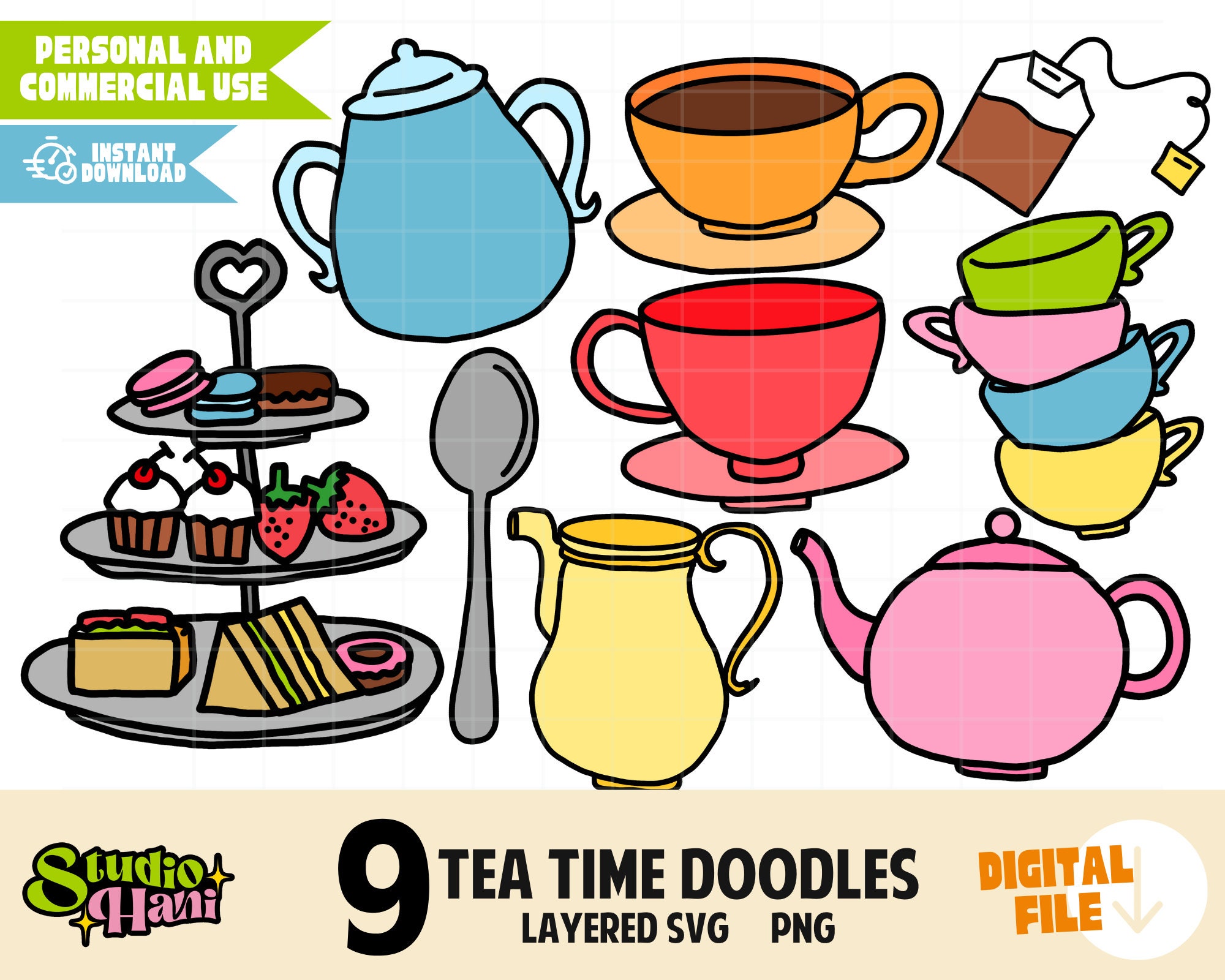 Tea Time SVG PNG Set Doodles Kettle Coffee Cakes Pastries Cut File ...