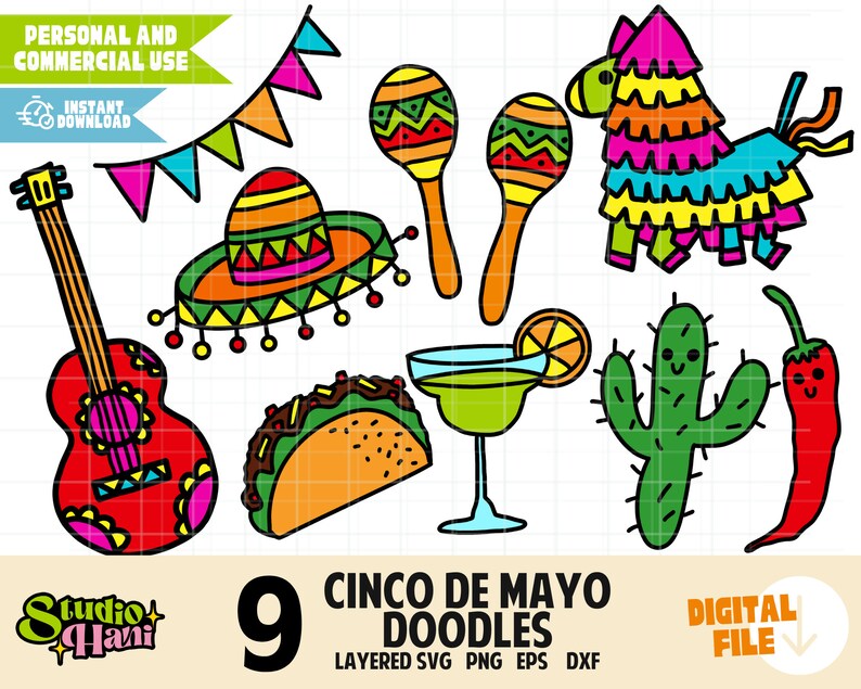 Cinco De Mayo SVG PNG Bundle Eps Dxf Doodle Illustration Clipart ...
