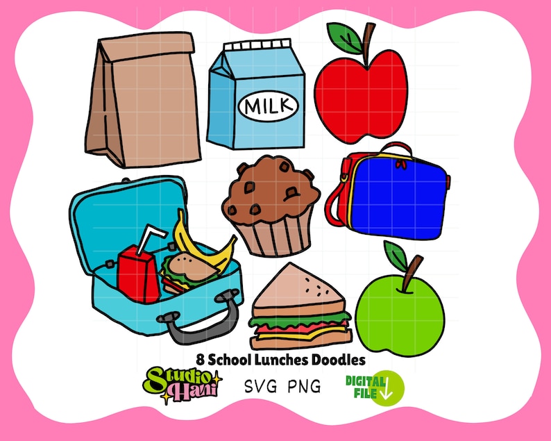 School Lunch SVG PNG Doodle Snacks Milk Muffin Sandwich Bag Apple ...