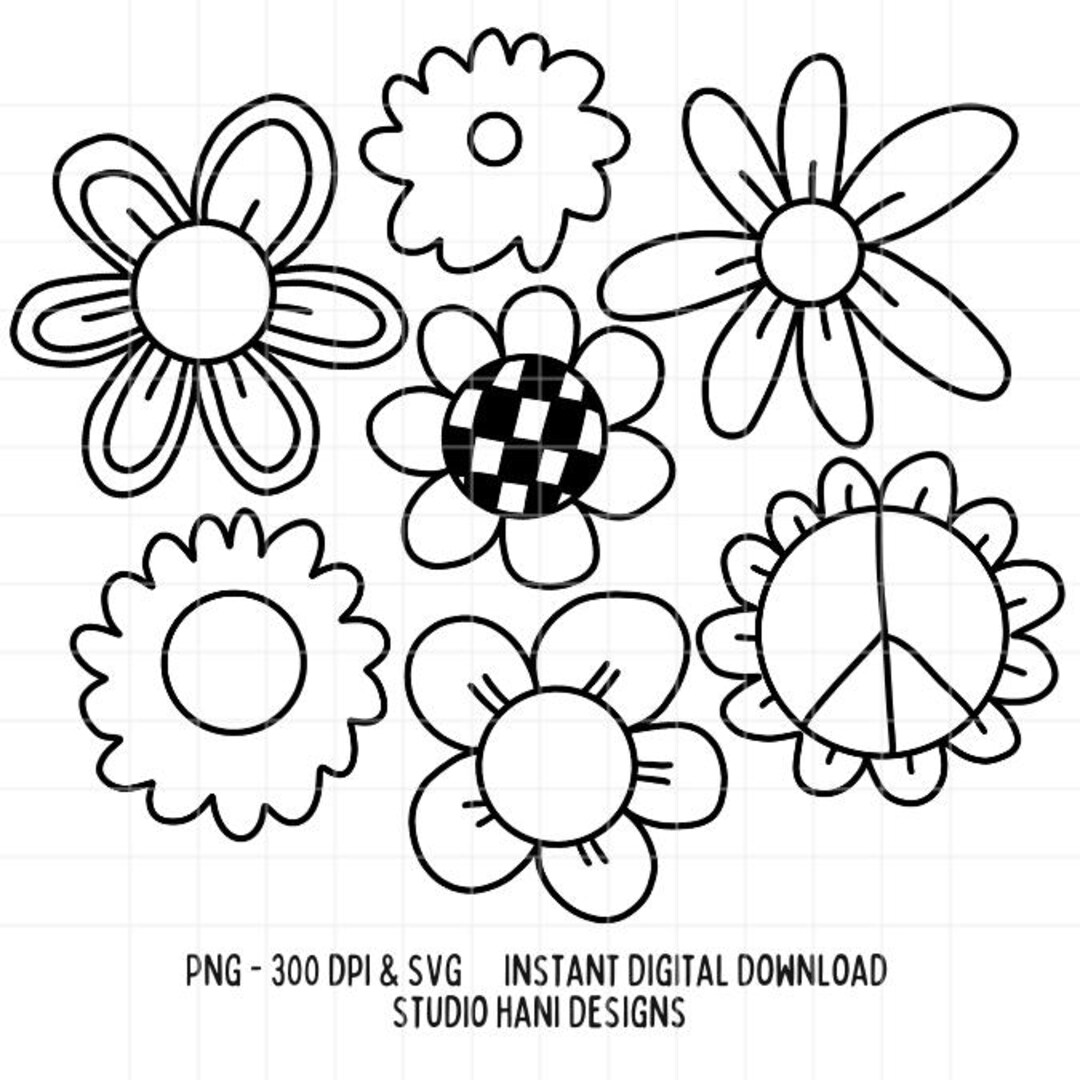 Retro Flowers SVG PNG Bundle Y2k Hippie Doodle Floral Groovy Trendy ...