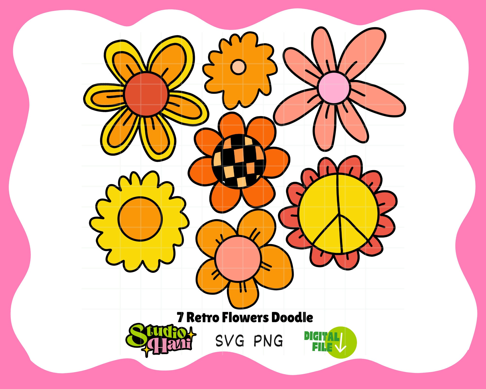 Retro Flowers SVG PNG Bundle Groovy Hippie Y2K Flower Floral Doodle ...