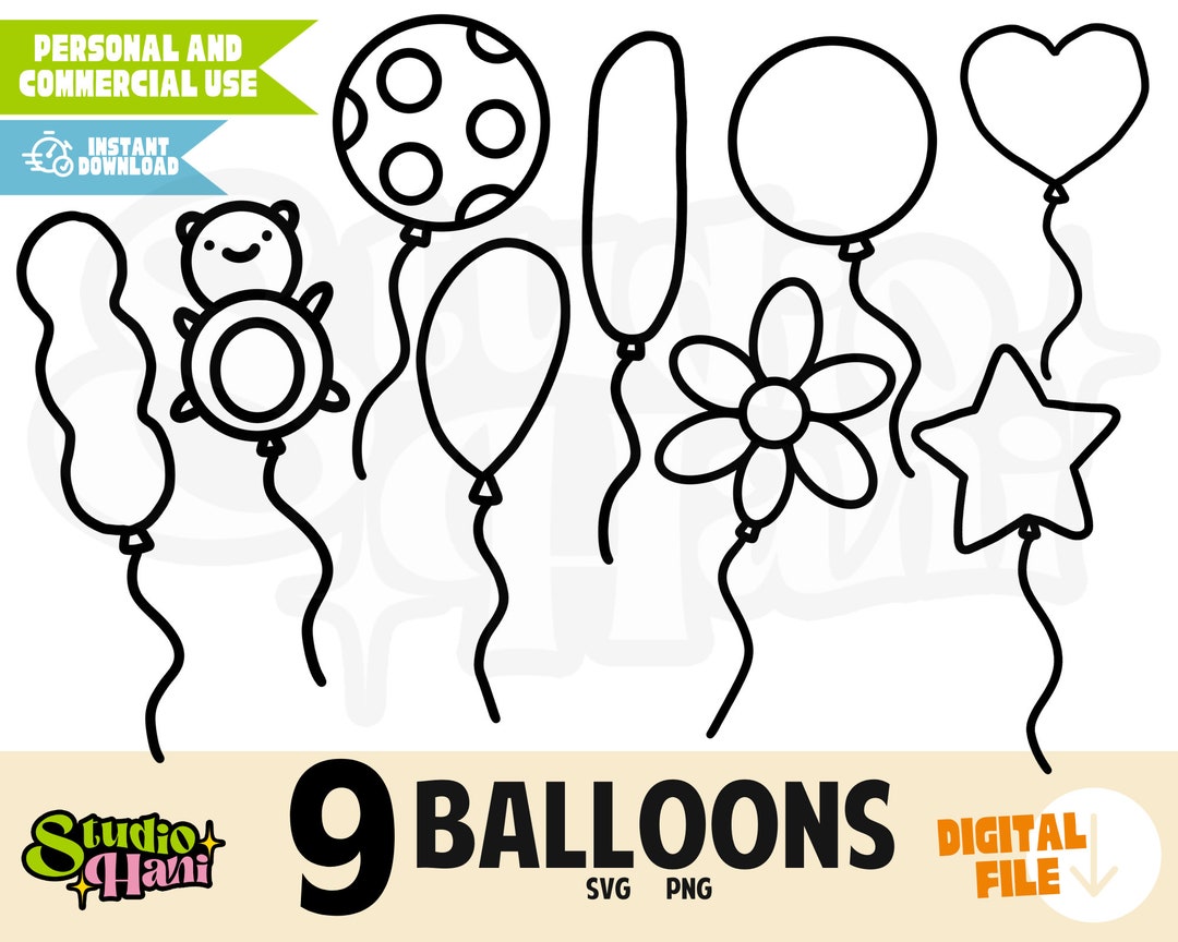 Balloon SVG PNG Party Elements Outline Black and White Cricut ...