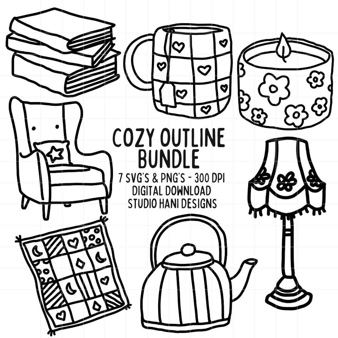 Cozy SVG PNG Bundle Doodle Books Lamp Blanket Sofa Chair Candle Tea ...