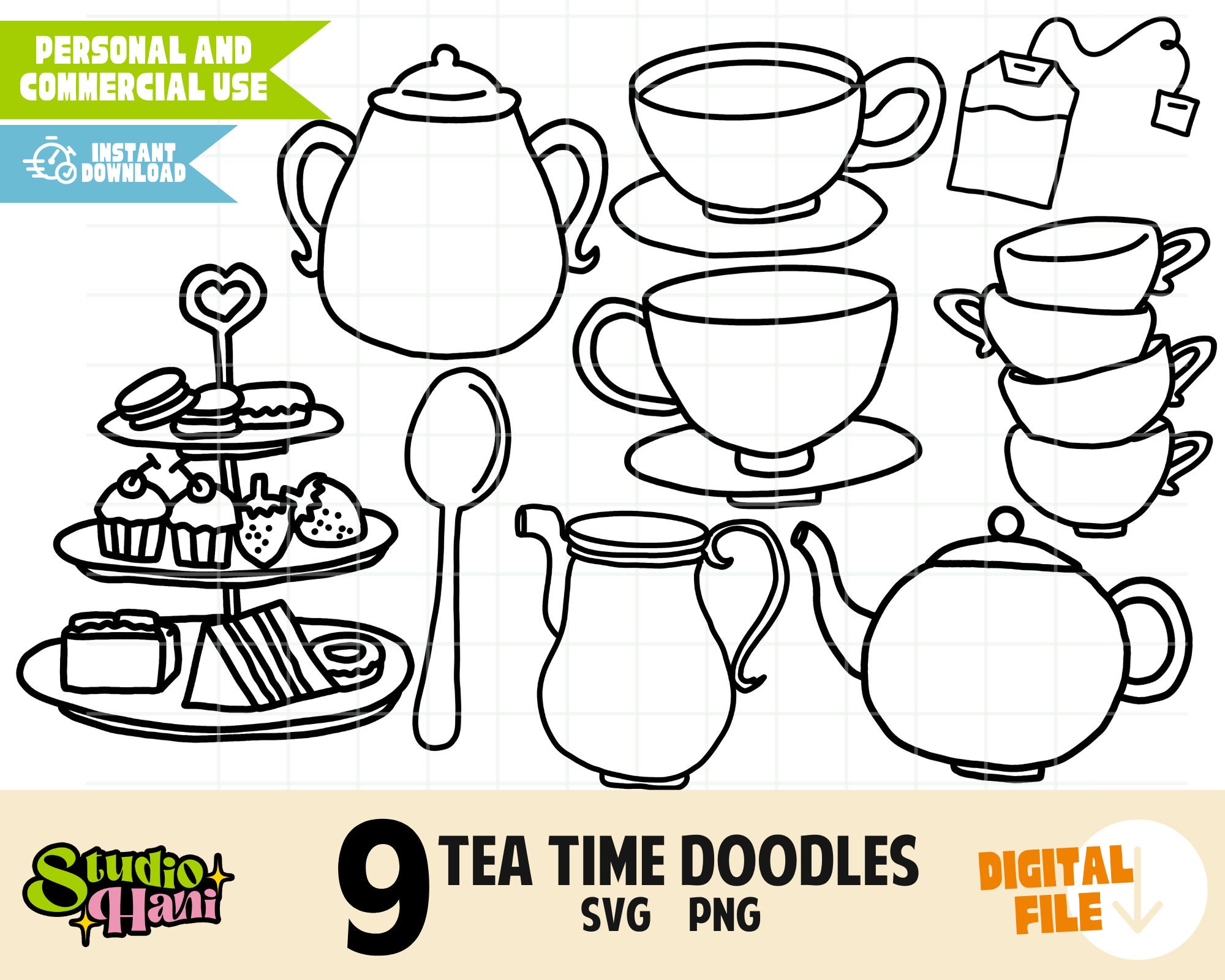 Tea Time SVG PNG Set Doodles Kettle Coffee Cakes Pastries Outline Black ...