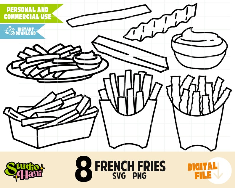 French Fries SVG PNG Doodles Clipart Outline Blank and White ...