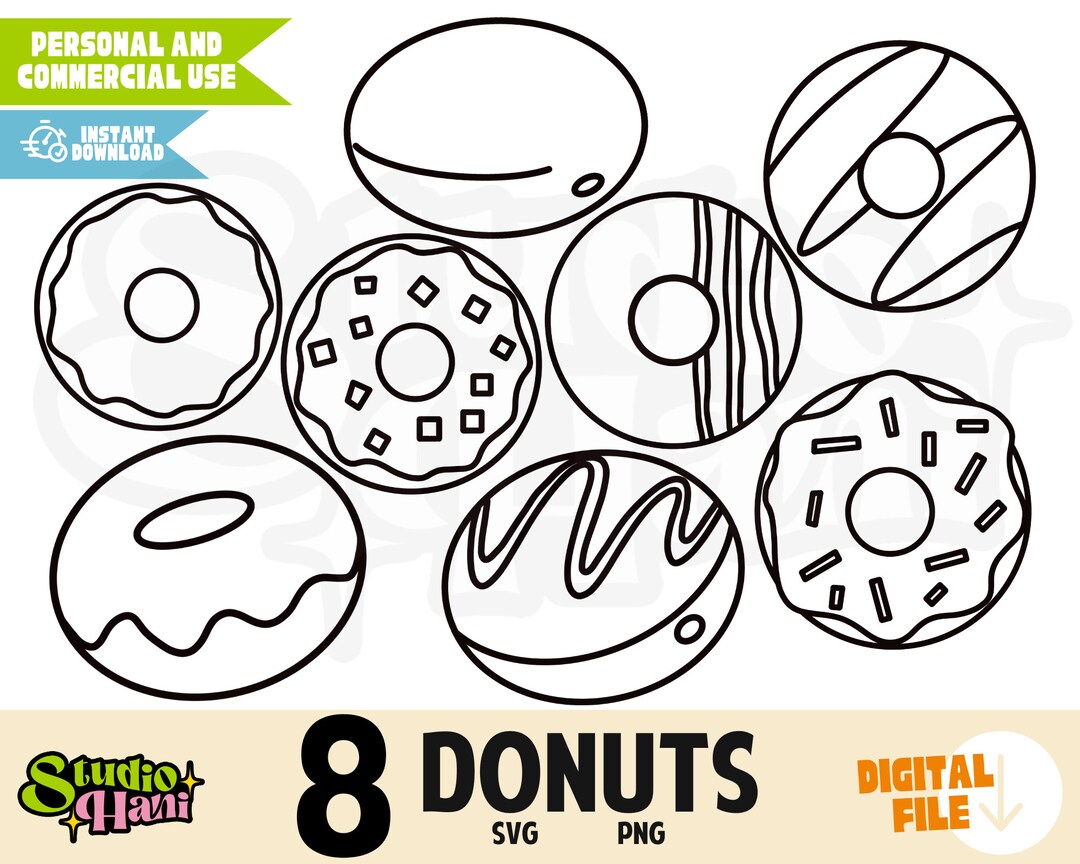 Donut SVG PNG Outline Black and White Dessert Cricut Silhouette Cut ...