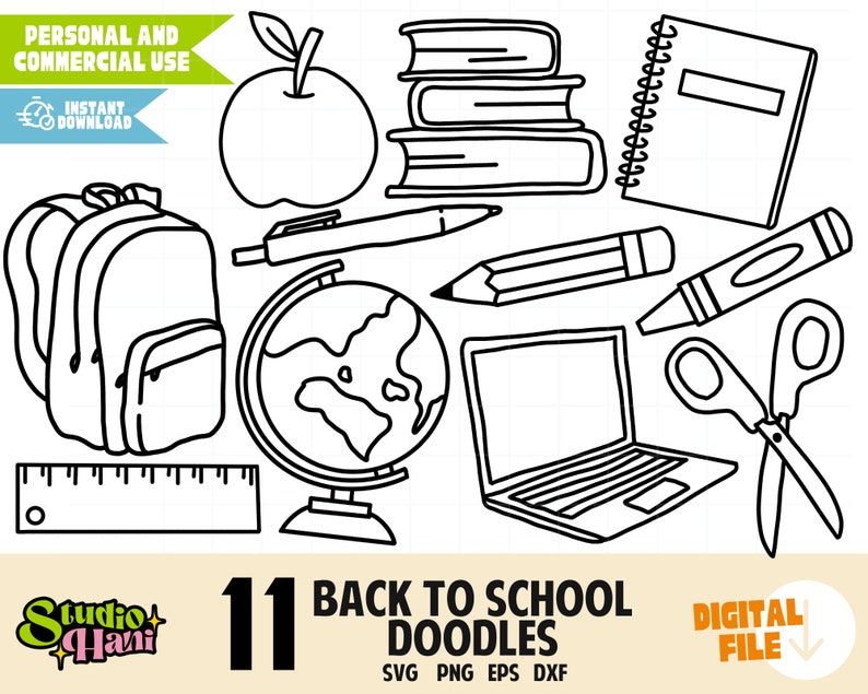 Back to School SVG Bundle PNG Eps Dxf Doodle Clipart Outline Black and ...