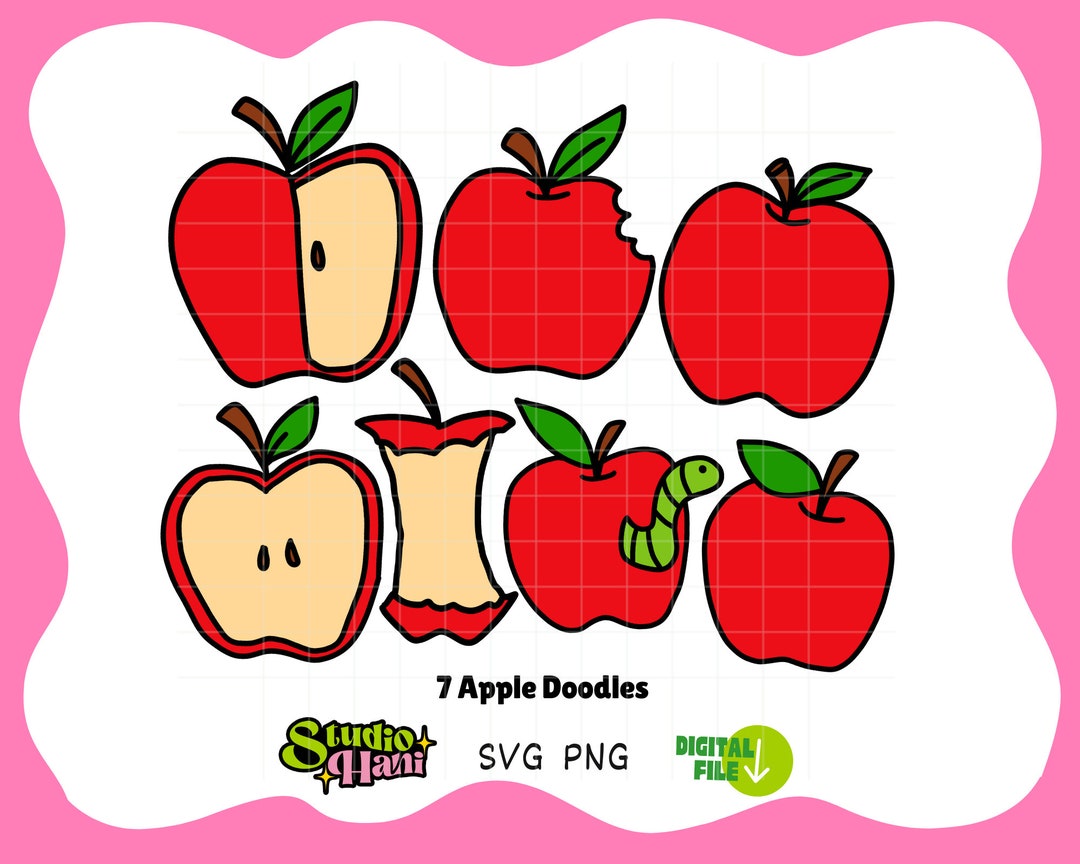 Apple Doodles SVG PNG Bundle Red Fruit Apples With Worm Bite Clipart ...