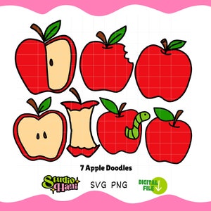 Apple Doodles SVG PNG Bundle Red Fruit Apples With Worm Bite Clipart ...