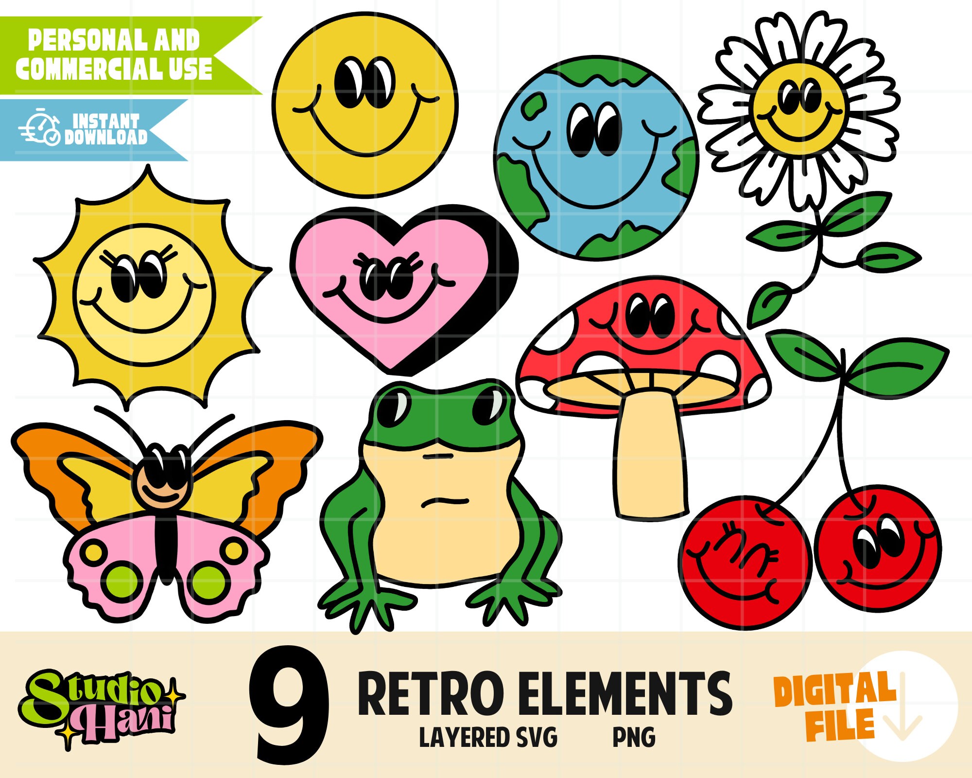 Retron Cartoon SVG PNG Bundle 90s 80s Groovy Hippie Smile Mushroom ...