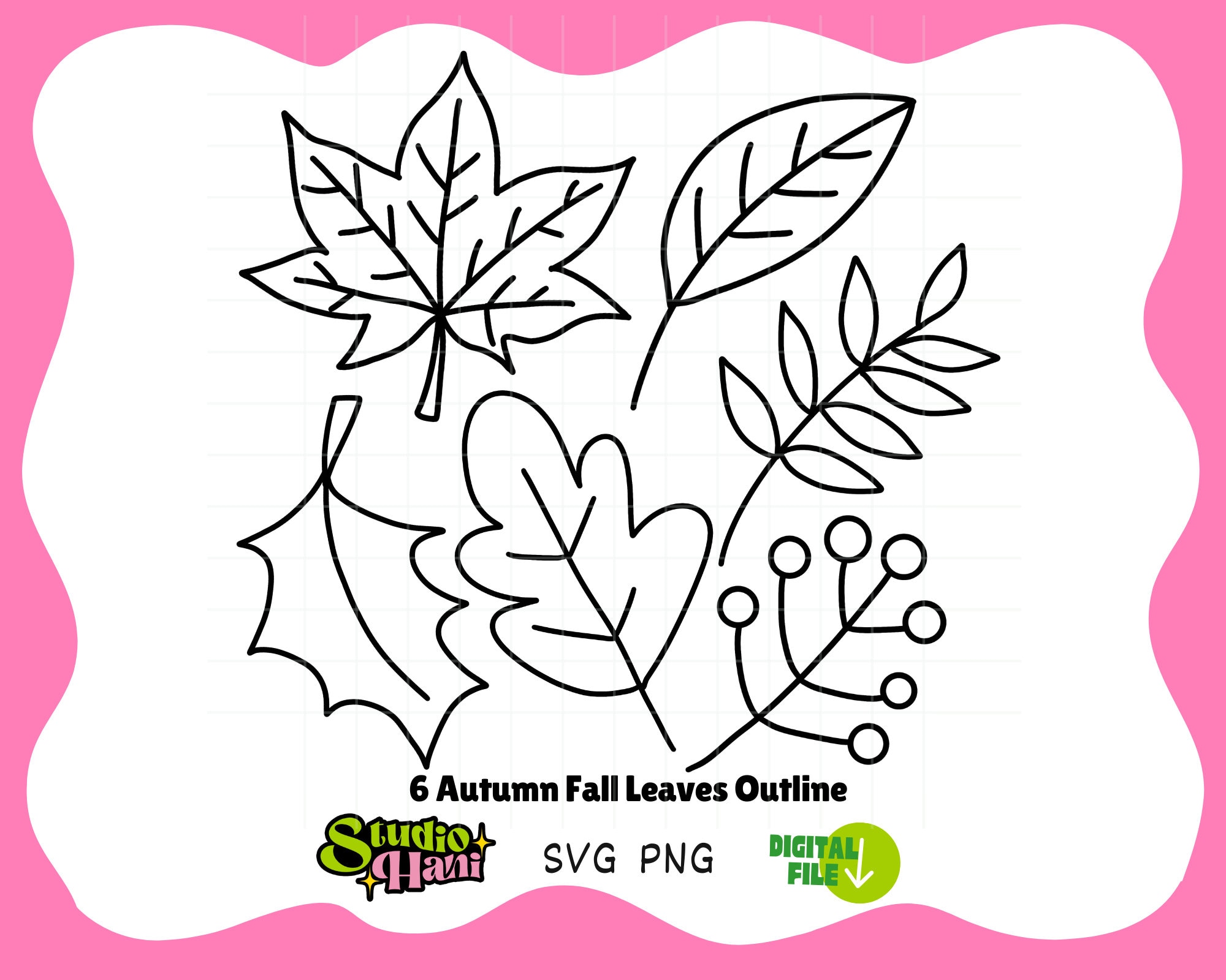 Autumn Leaves SVG PNG Bundle Doodle Fall Black and White Outline ...