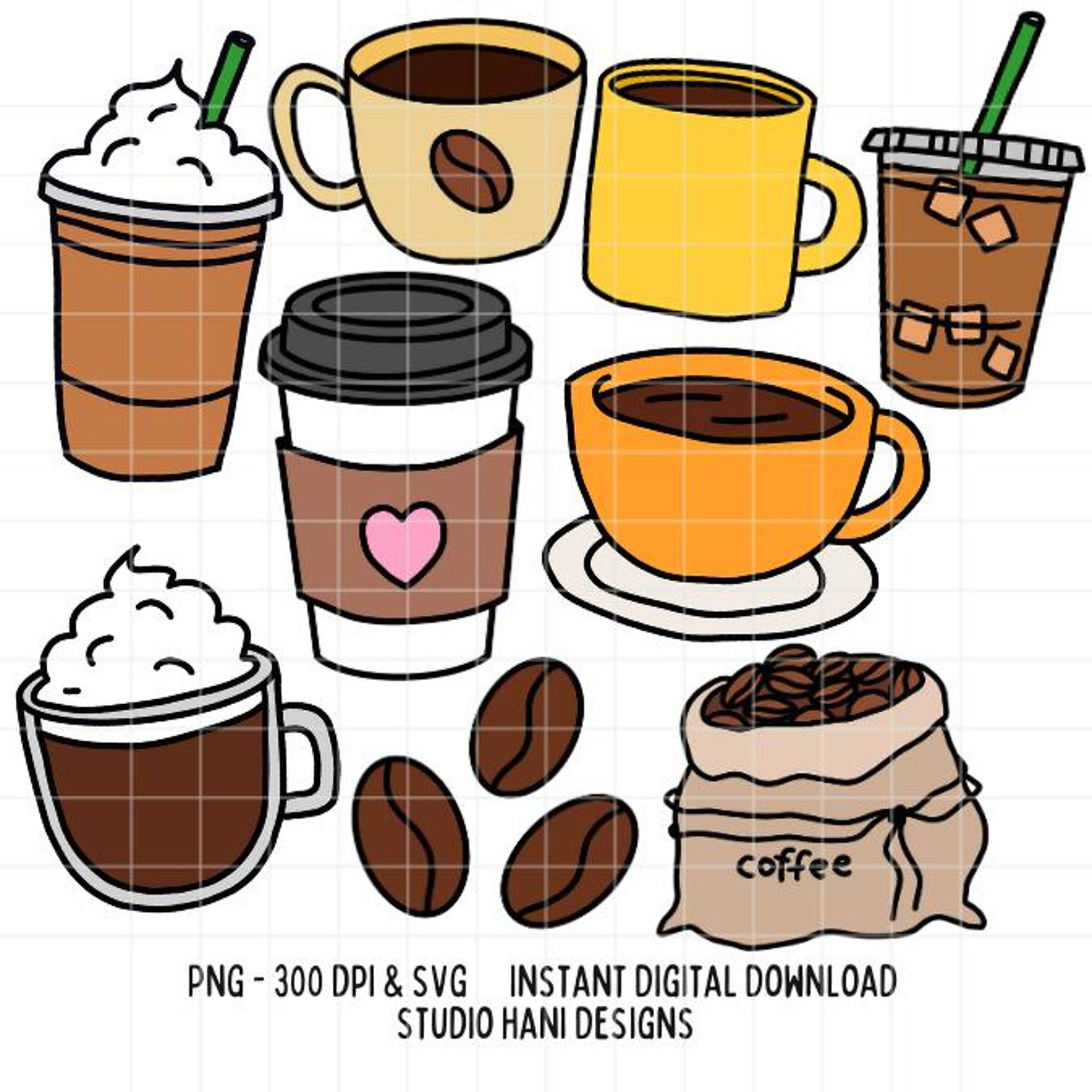 Coffee SVG PNG Doodles Frappe Espresso Iced Coffee Trendy Beans Mug Cut ...