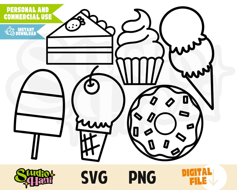 Dessert SVG PNG Ice Cream Cake Slice Popsicle Donut Cupcake Black and ...