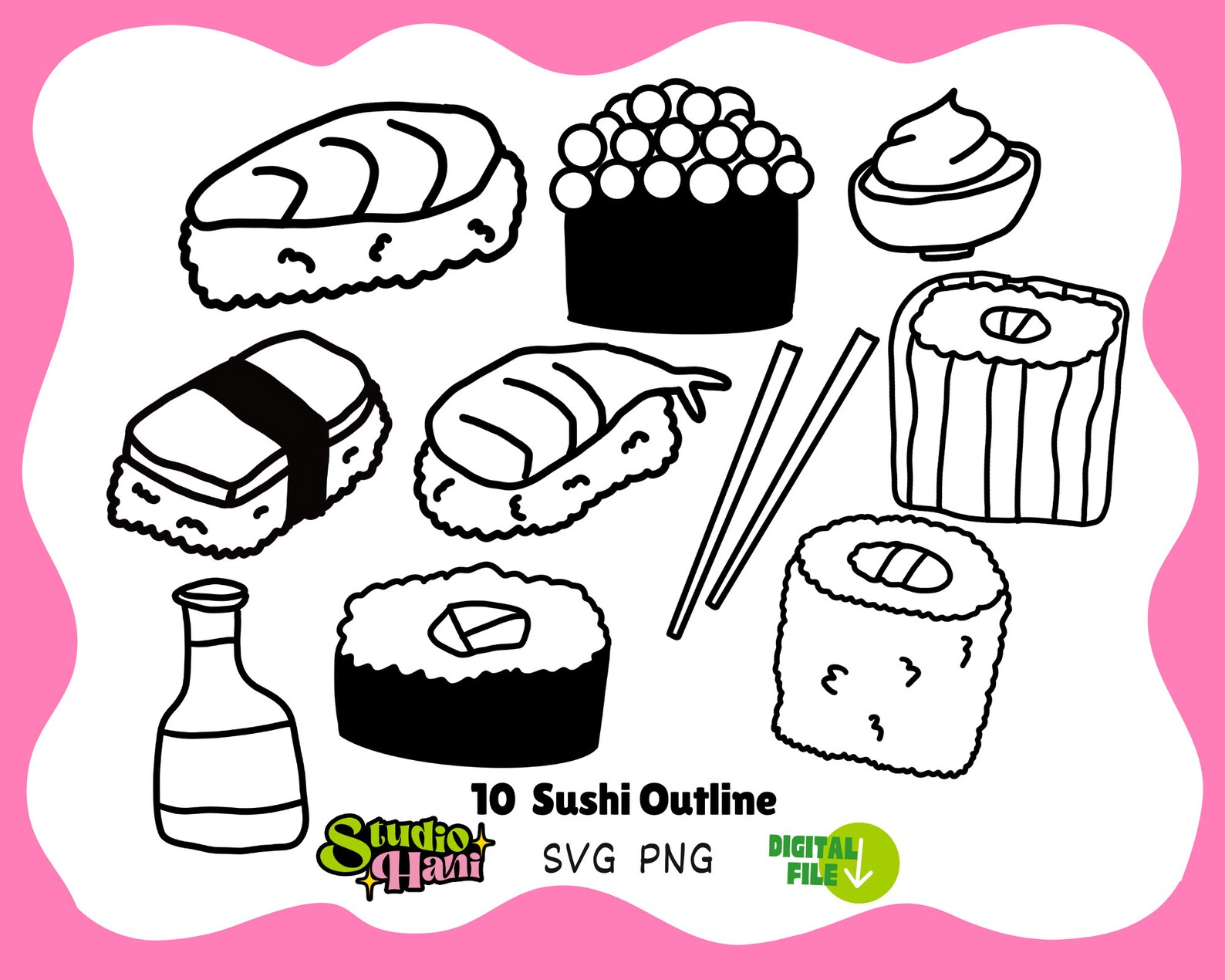Sushi SVG PNG Bundle Outline Black and White Japanese Food Wasabi Roll ...