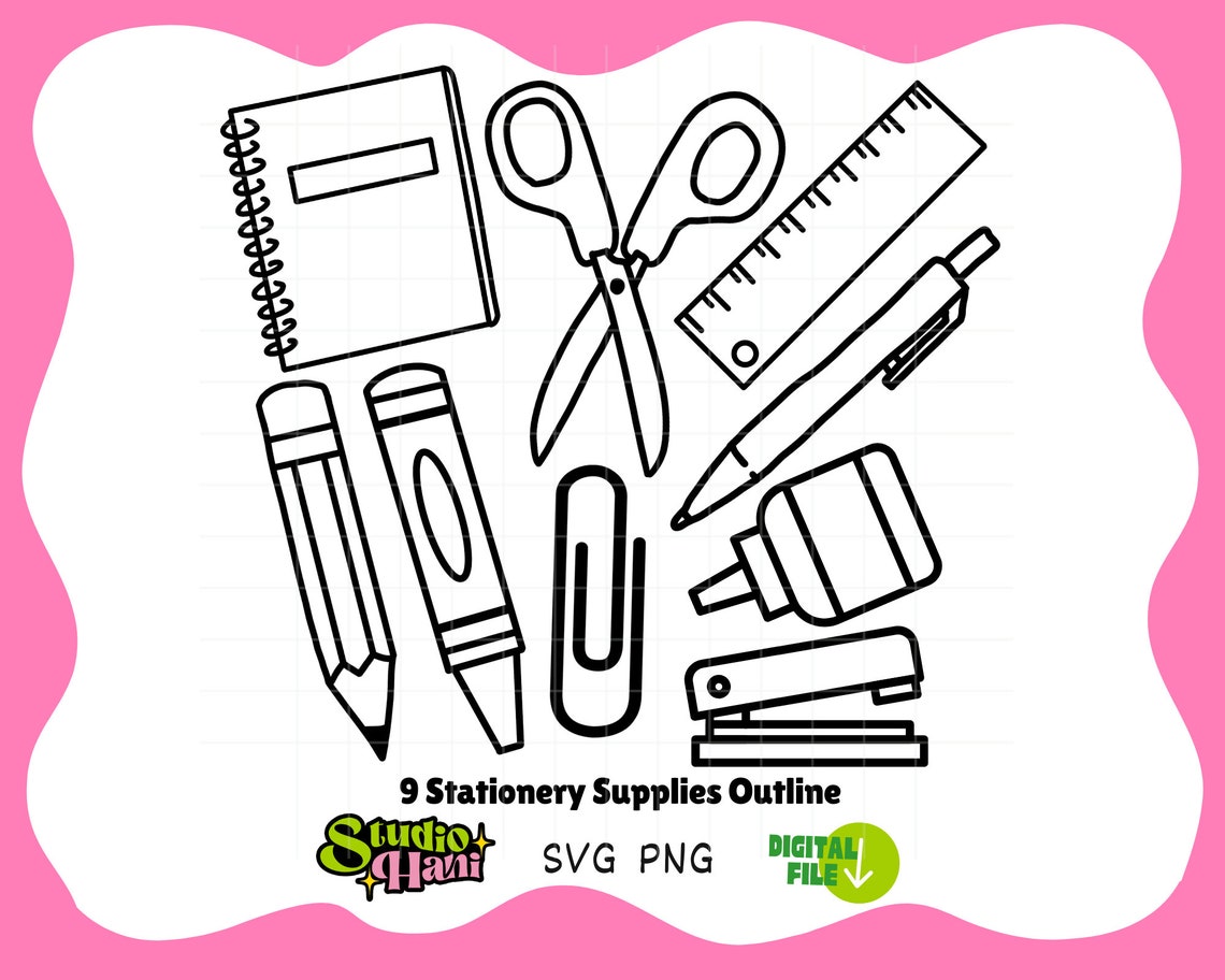 Stationeries SVG PNG Outline Black and White Pens Notebook Ruler School ...